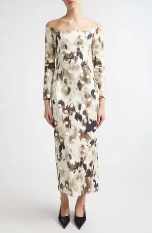 Lela Rose Ikat Polka Dot Off The Shoulder Midi Dress - Cream Multi