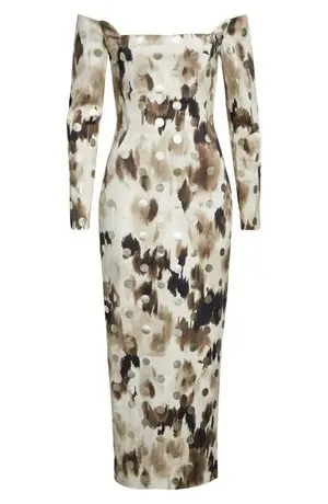 Lela Rose Ikat Polka Dot Off The Shoulder Midi Dress