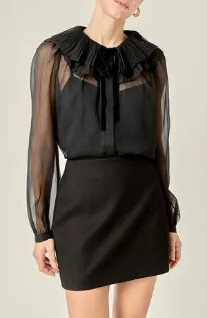 English Factory Pleated Collar Chiffon Top