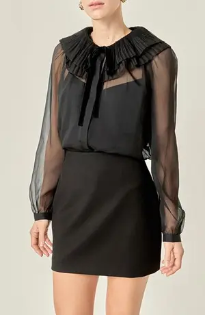 English Factory Pleated Collar Chiffon Top