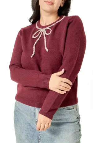 English Factory Rhinestone Bow Sweater - Wine
