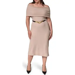 Donna Karan New York Off The Shoulder Belted Knit Dress - Camel