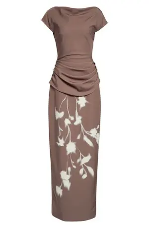 Lela Rose Floral Crepe Boat Neck Gown