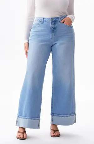 BAYEAS High Waist Cuff Wide Leg Jeans - Lagoon