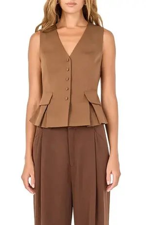 Endless Rose Button Detail Sleeveless Peplum Top - Brown