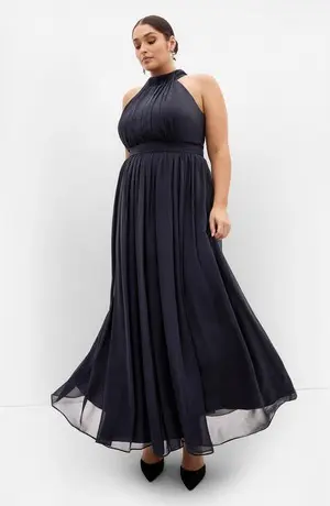 City Chic Lucy Pleated Halter Neck Maxi Dress - Navy
