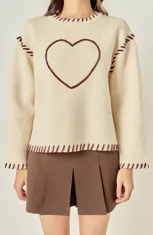 English Factory ENGLISH FACTORY Heart Whipstitch Crewneck Sweater Cream/brown