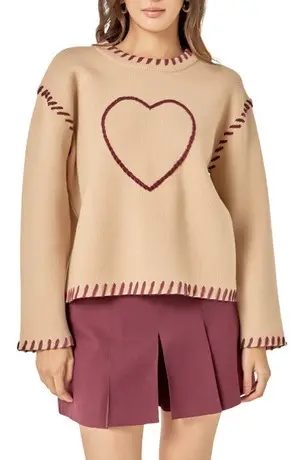 English Factory Heart Whipstitch Crewneck Sweater - Tan/bordeaux