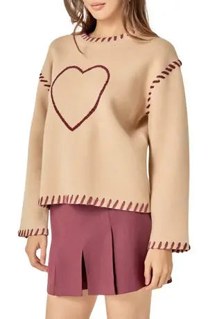 English Factory Heart Whipstitch Crewneck Sweater - Tan/bordeaux