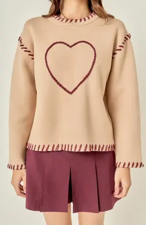 English Factory Heart Whipstitch Crewneck Sweater - Tan/bordeaux