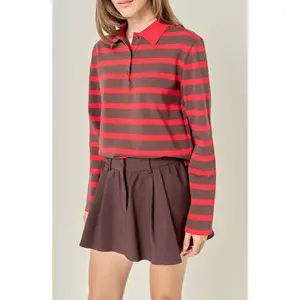 English Factory Striped Long Sleeve Polo Knit Top - Brown/red
