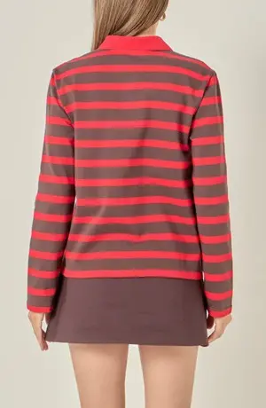 English Factory Striped Long Sleeve Polo Knit Top