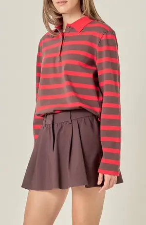 English Factory Striped Long Sleeve Polo Knit Top