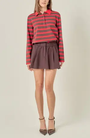 English Factory Striped Long Sleeve Polo Knit Top