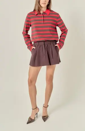 English Factory Striped Long Sleeve Polo Knit Top - Brown/red