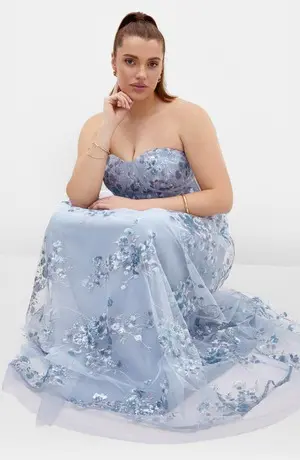 City Chic Ambrosia Embellished Tulle Maxi Dress - Soft Blue