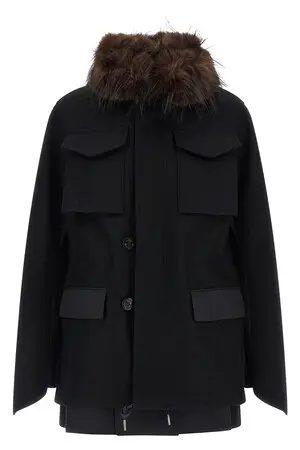 Sacai Wool Coat With Fur Insert
