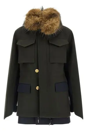 Sacai Wool Coat With Fur Insert