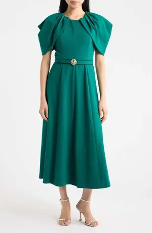 Anne Klein Midi Dress With Capelet And Lion Head Buckle Belt - Deep Jade