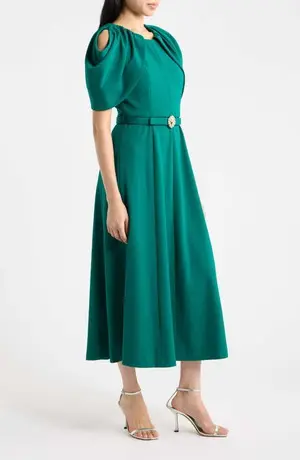Anne Klein Midi Dress With Capelet And Lion Head Buckle Belt