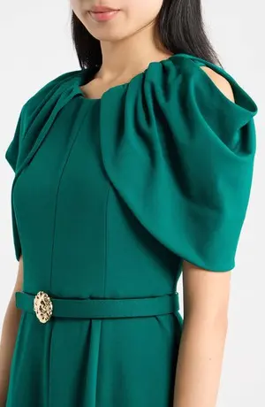 Anne Klein Midi Dress With Capelet And Lion Head Buckle Belt