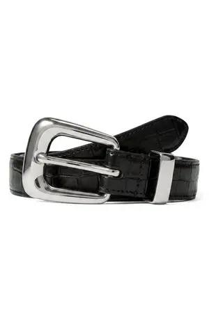 Veronica Beard Arch Croc Embossed Leather Skinny Belt - Black