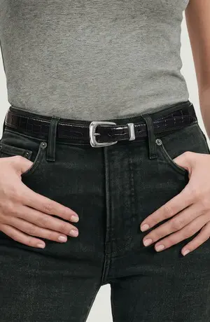 Veronica Beard Arch Croc Embossed Leather Skinny Belt - Black