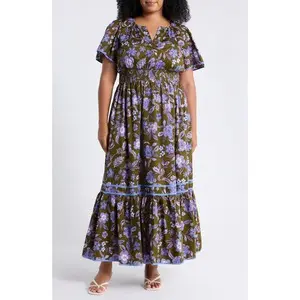 SUGARLIPS Floral Print Maxi Dress With Puff Sleeves - Olive-lavender