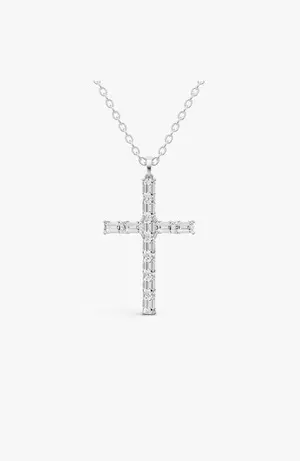 SEREIA OFFICIAL 14k Emerald Cut Diamond Cross Pendant Necklace - White Gold