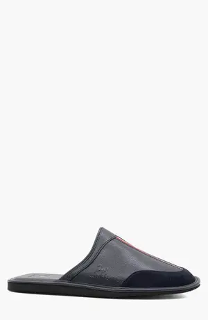 CAVALINHO Leather House Slippers With Suede Accents And Striped Detailing - Navy