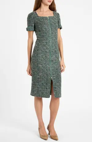 Santorelli Bri Short Sleeve Zippered Tweed Dress