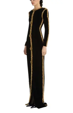 Balmain Long Velvet Dress With Embroidered Trim - Black