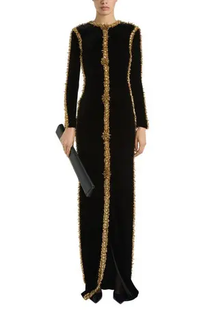 Balmain Long Velvet Dress With Embroidered Trim