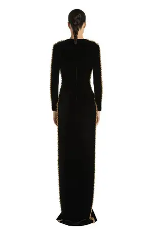 Balmain Long Velvet Dress With Embroidered Trim