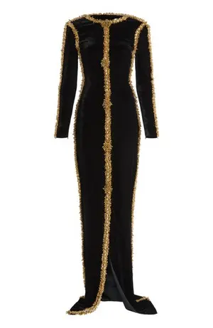 Balmain Long Velvet Dress With Embroidered Trim