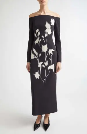 Lela Rose Floral Crepe Off The Shoulder Column Gown - Black