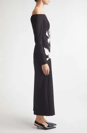 Lela Rose Floral Crepe Off The Shoulder Column Gown