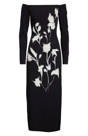 Lela Rose Floral Crepe Off The Shoulder Column Gown