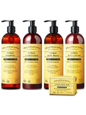 PHARMACOPIA NATURAL BODYCARE Citrus Luxury Bundleshampoo, Conditioner, Body Wash, Body Lotion - White