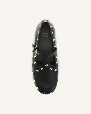 GANNI Mary Jenny Studded Ballerinas In Pebbled Leather - Black