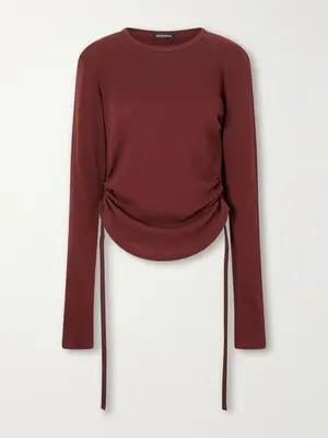 ANN DEMEULEMEESTER Gathered Ribbed Cotton T-shirt - Burgundy