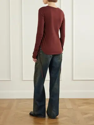 ANN DEMEULEMEESTER Gathered Ribbed Cotton T-shirt - Burgundy