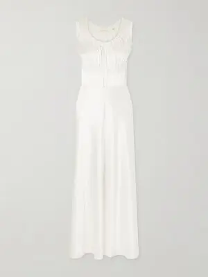 DÔEN Adalie Lace-trimmed Gathered Silk-satin Midi Dress - Neutrals