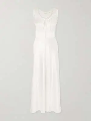 DÔEN DÔEN Adalie Lace-Trimmed Gathered Silk-Satin Midi Dress Off-white