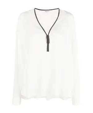 Brunello Cucinelli Monili-trimmed V-neck Long-sleeve Blouse