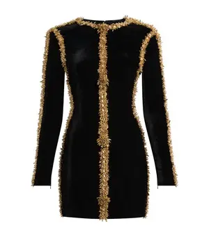 Balmain Velvet Beaded-trim Mini Dress - Black
