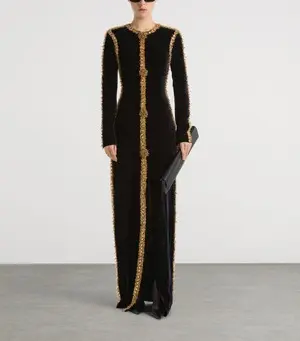 Balmain Velvet Beaded-trim Maxi Dress