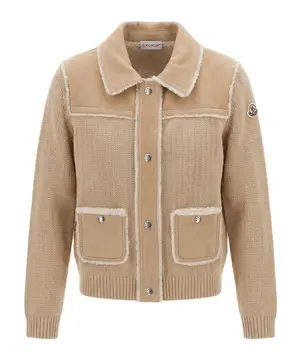 Moncler Long Sleeve Knit Top With Suede Accents