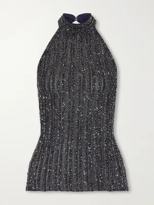 Missoni Sequin-embellished Striped Crochet-knit Halterneck Top - Metallic