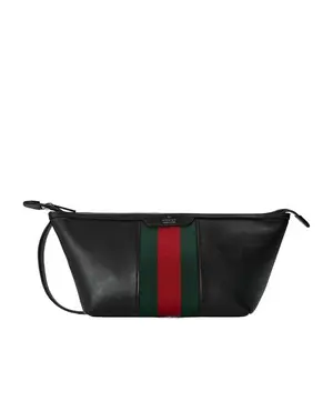 Gucci Leather Clutch Bag With Web Stripe - Black